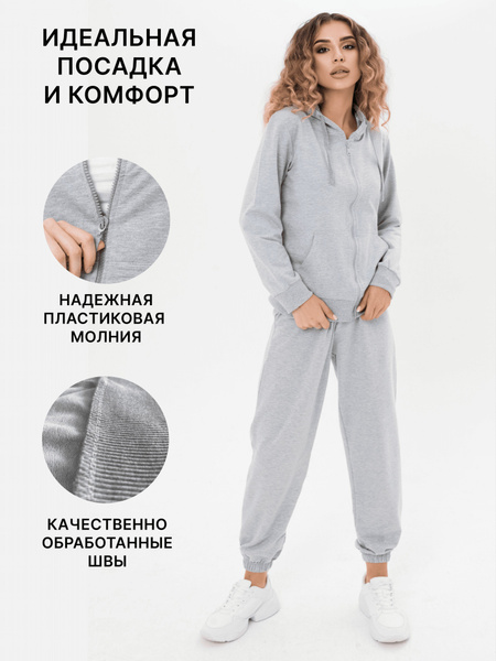 Толстовка Женский Instreet Капюшон серый Молния Футер двухнитка, размер 42 полуприталенный ...