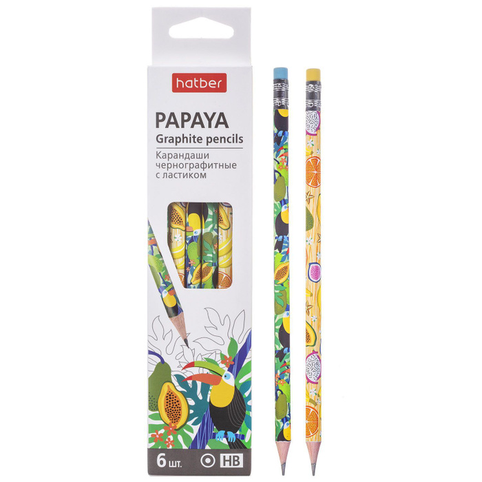 Набор чернографитных карандашей Hatber круглый корпус, 6 штук, с ластиком, заточенные, в ...
