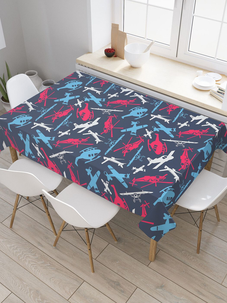 Прямоугольная водоотталкивающая скатерть на стол JoyArty с рисунком "Множество самолетов" 120 на ...