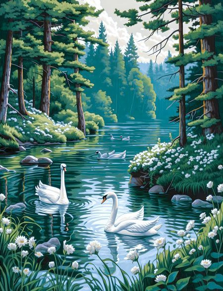 Алмазная мозаика на подрамнике "Прекрасные лебеди" 50x40 см, 30 цветов ...
