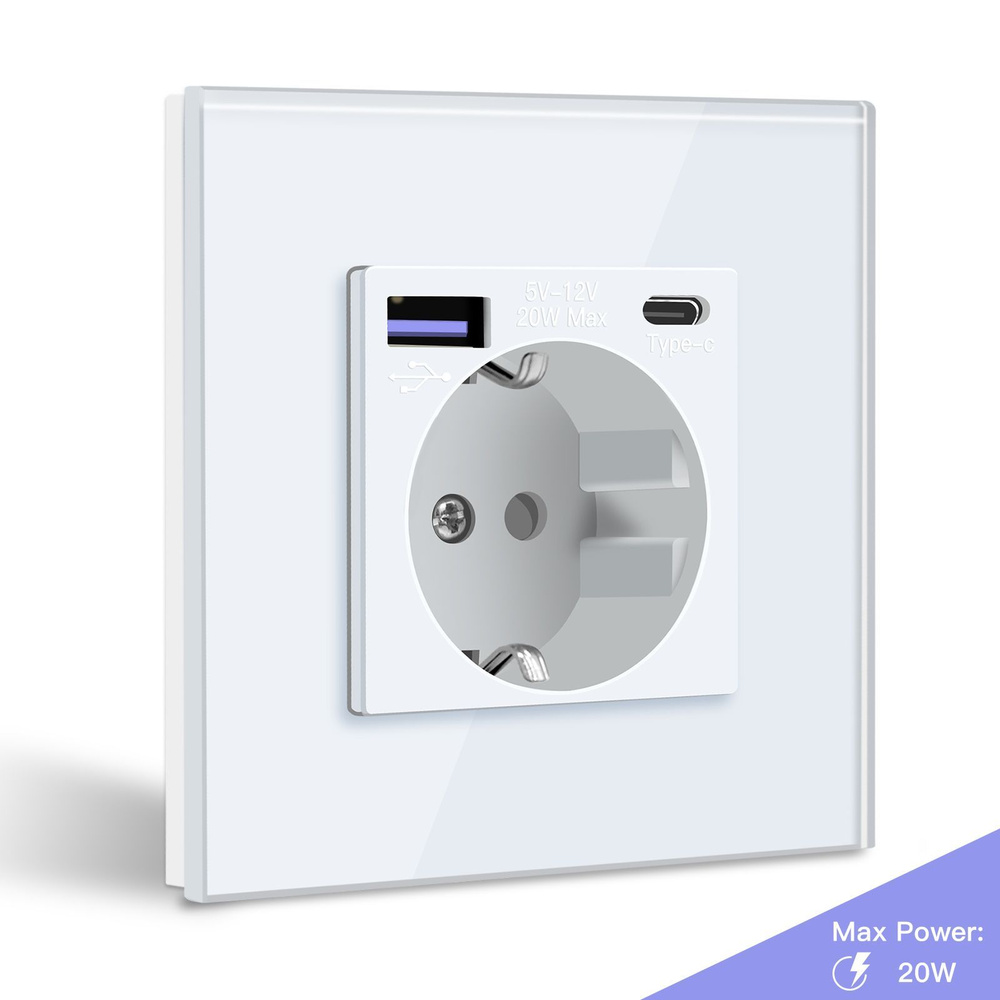 Розетка электрическая одинарная с Usb и Type C входами быстрая зарядка 20w рамка закаленное