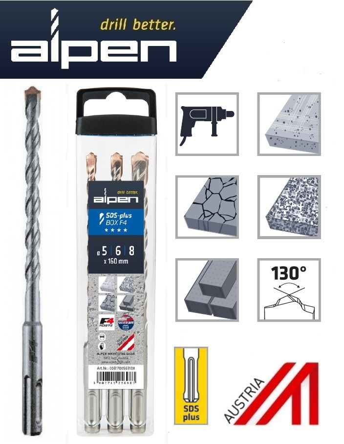 Набор буров по бетону Alpen Sds F4 3 пр D 5i 6i 8 мм X 160 мм