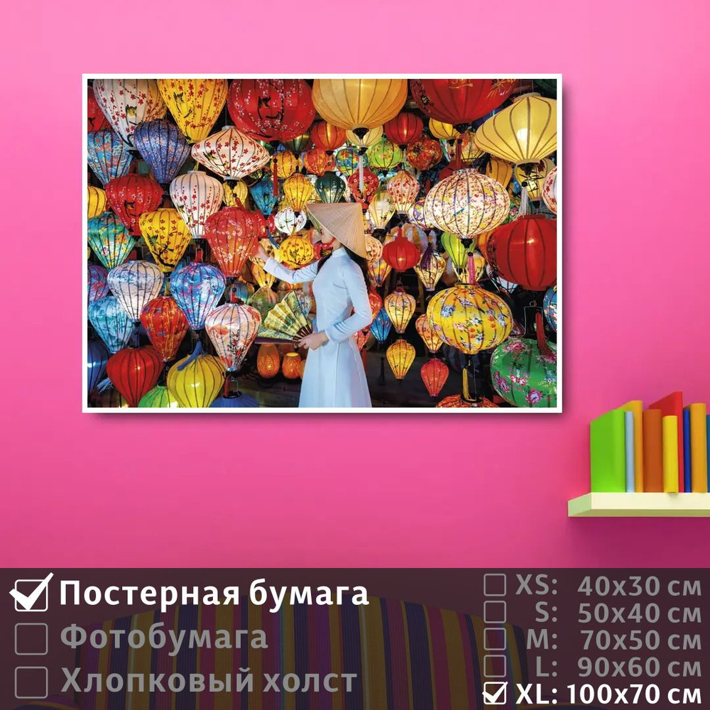 Постер ПолиЦентр Азия, Девушки Девушка в шляпе с китайскими фонариками, 100 70 купить c ...