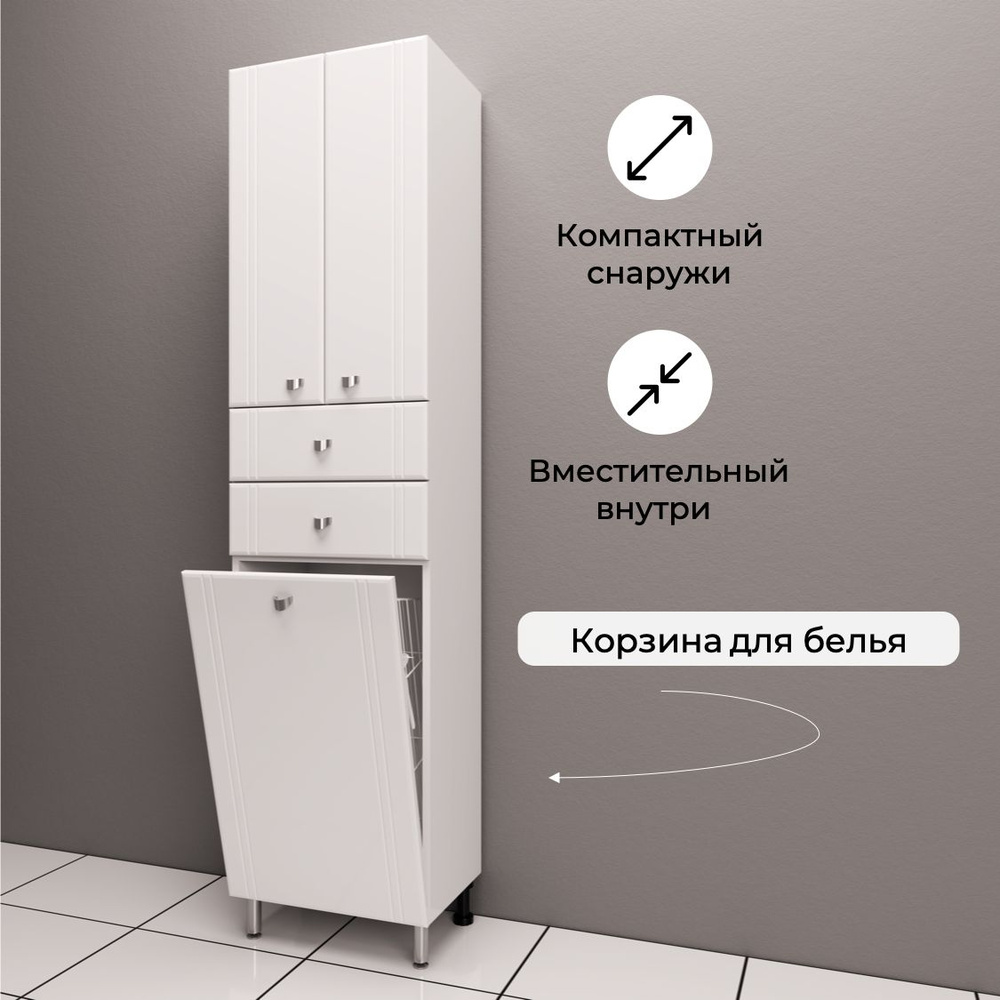 Шкаф пенал в ванную комнату напольный с корзиной ТУРА, Альтерна ...
