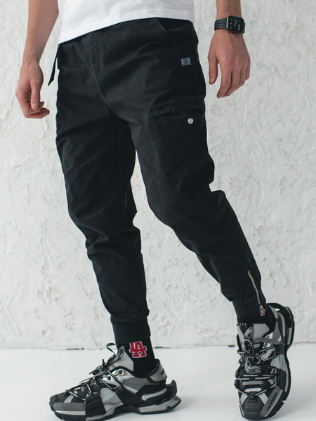 Брюки Мужской Bronks джоггеры черный матовый Хлопок, Эластан Повседневный, размер 58, 60 Шнурок ...