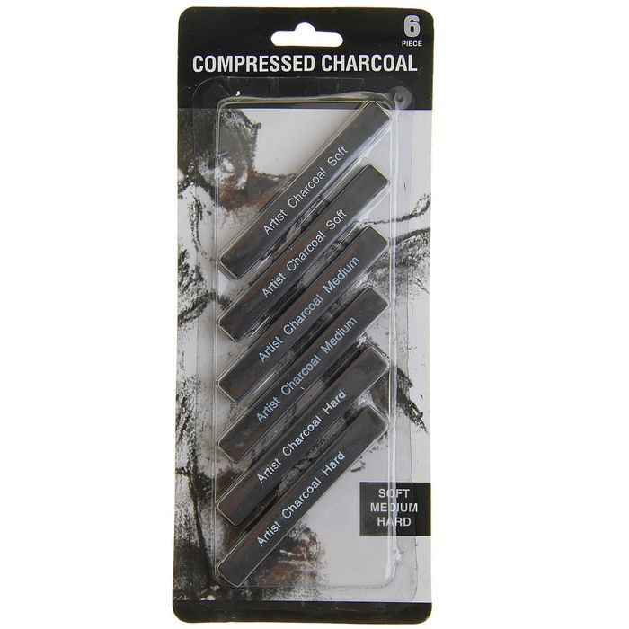 Уголь прессованный, чёрный, 6 штук в наборе (мягкий, средний, твёрдый ...