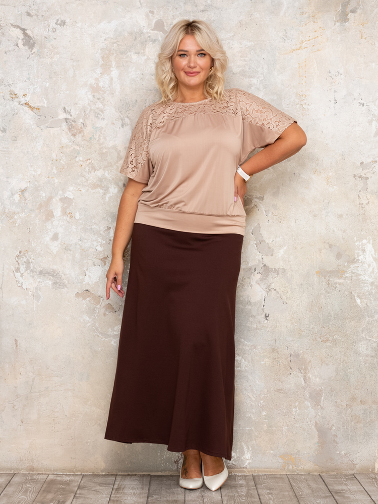Юбка Женский SPARADA коричневый Смесовая ткань трапеция, размер 62, 64 Резинка Макси Однотонный ...