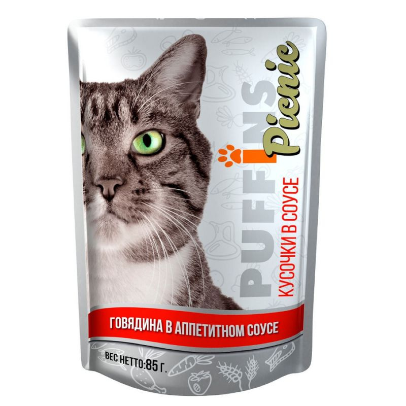 Puffins PICNIC корм консервированный для кошек Говядина СОУС, 85 г, 6 ...
