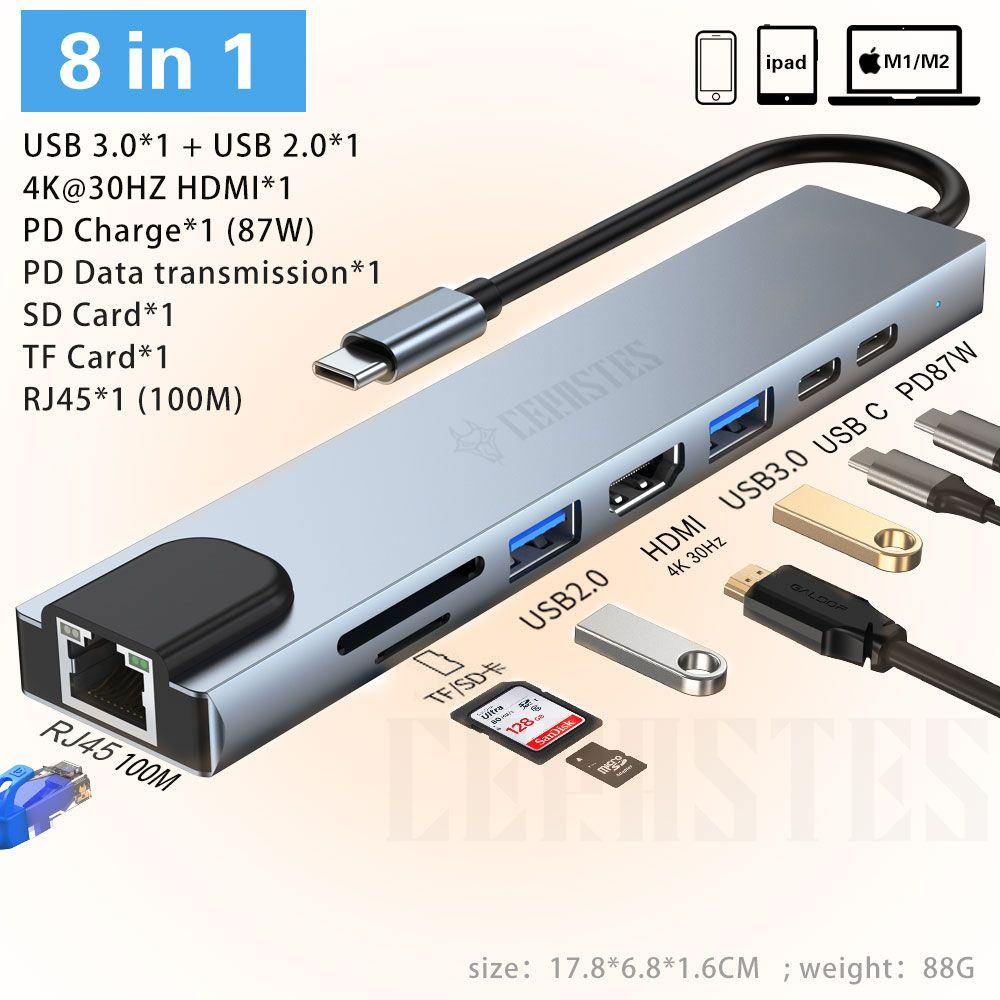 Cerastes НОВЫЙ Usb C Hub Type C To Multi 4khd Rj45 Vga 4 Usb 3 0 Pd