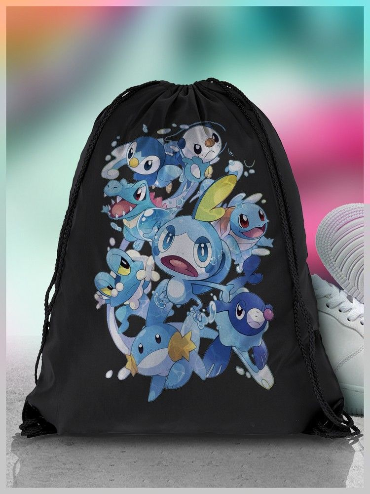 Мешок для сменной обуви ДТФ черный Аниме Pokemon ( Покемоны, Пикачу ...