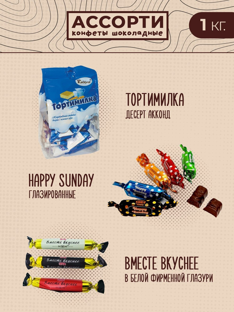 Конфеты шоколадные ассорти 1 кг: Акконд Тортимилка; HAPPY SUNDAY ...