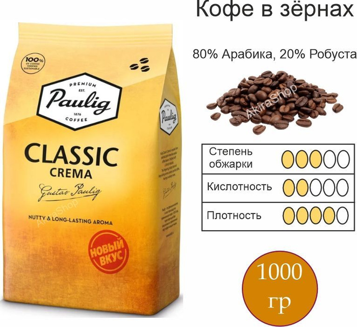 Кофе в зернах Paulig Classic Crema, арабика, робуста, 1 кг. Финляндия ...
