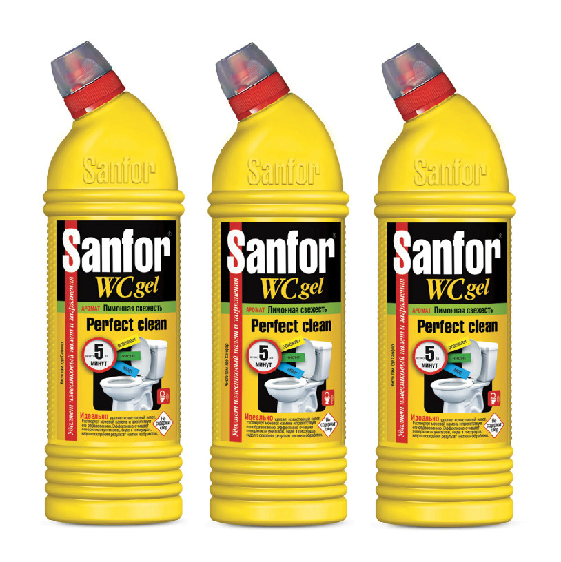 Средство для уборки туалета 750мл., SANFOR WC gel (Санфор гель) "Лимонная свежесть", (3 штуки ...