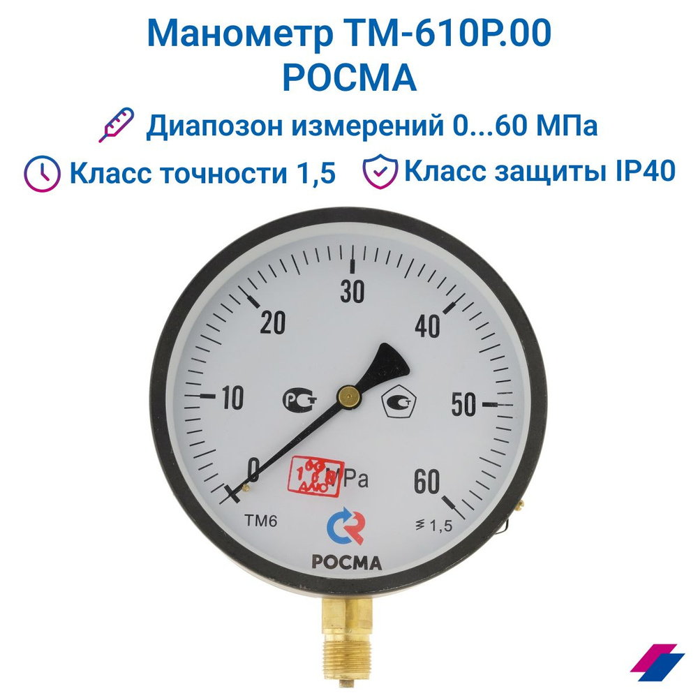 Манометр ТМ-610Р.00 (0...60 МПа) М20х1,5: класс точности-1,5 РОСМА ...