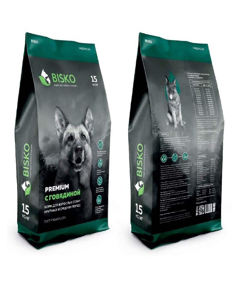 Биско Премиум с говядиной 15 кг. Корм сухой для взрослых собак крупных ...
