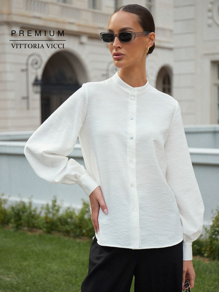 Блузка Женский VITTORIA VICCI слоновая кость, белый Вискоза Манжеты Длинный Однотонный, размер ...
