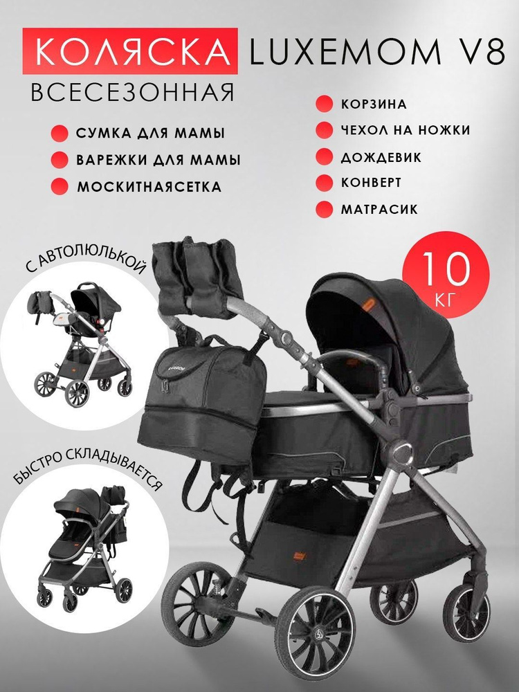 Детская коляска трансформер Luxmom V8 3 в 1 с автолюлькой цвет черный ...