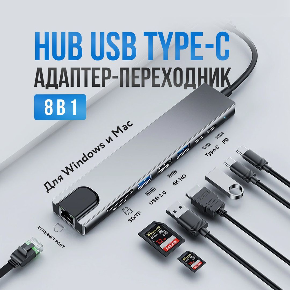 Хаб Usb Type C адаптер переходник 8 в 1 Hdmi 4k Rj45 Microsd Usbx2