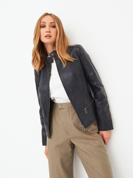 Куртка Женский Vici&Vici Карманы темно-синий Кожа, размер 52 Длинный кожаная Демисезон ...