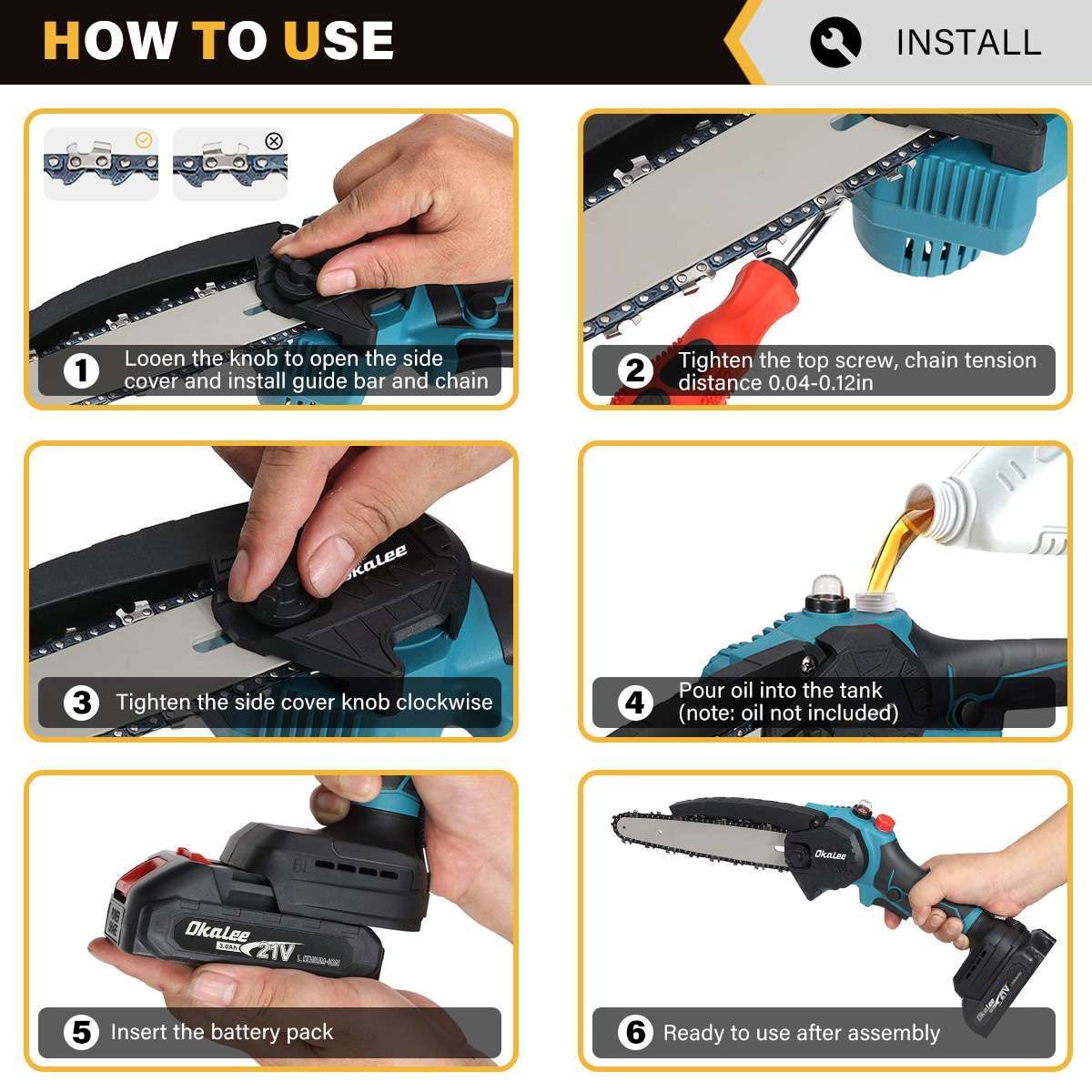 OKALEE 8-дюймовая мини-мощная электрическая цепная пила, аккумуляторная ...