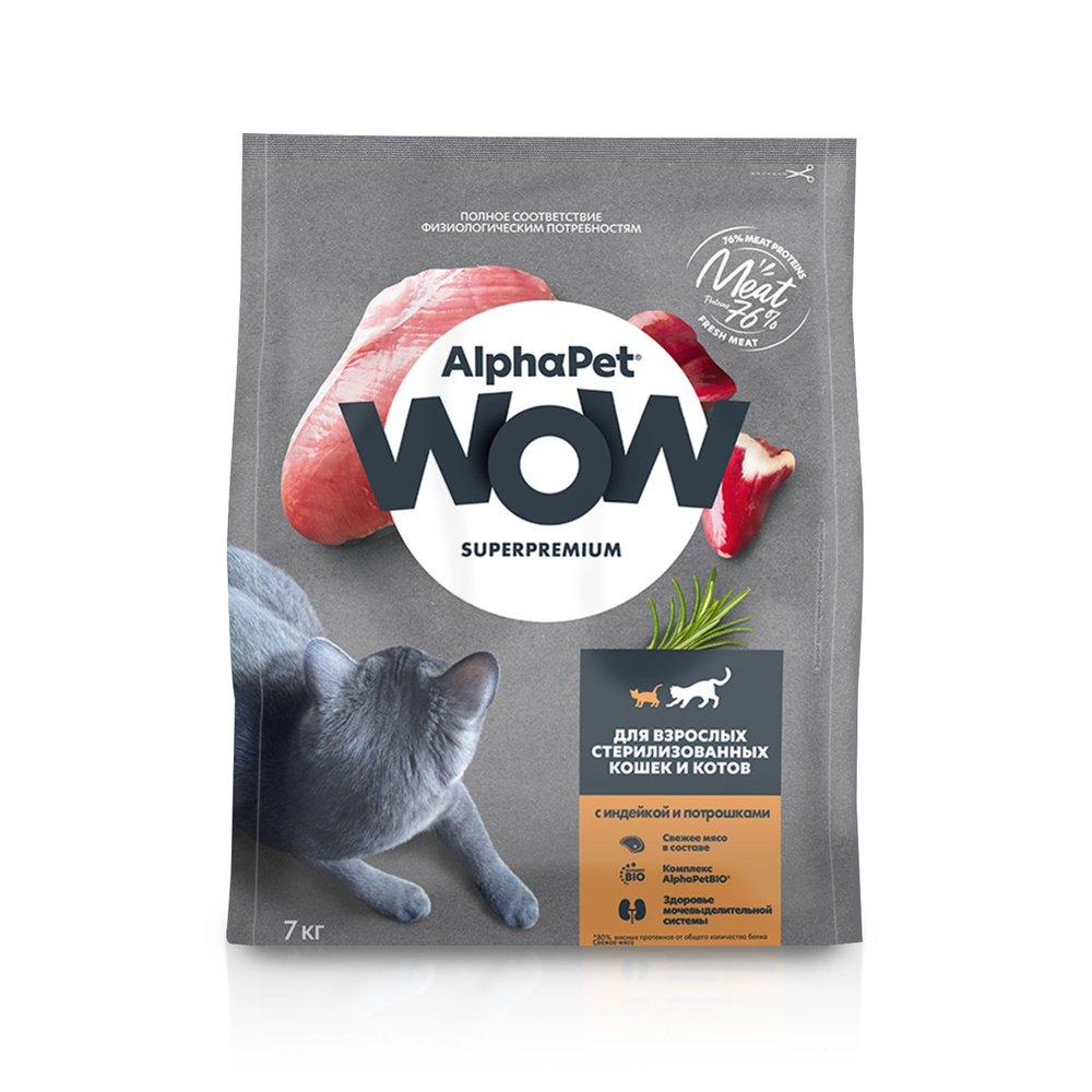 Сухой корм AlphaPet WOW для взрослых стерилизованных кошек с индейкой и ...