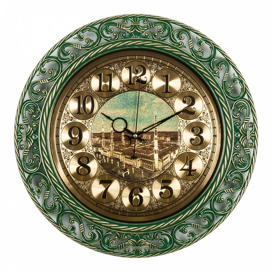 Часы настенные бесшумные Рубин круглые с узором D 39 5 см корпус зеленый с золотом Мекка