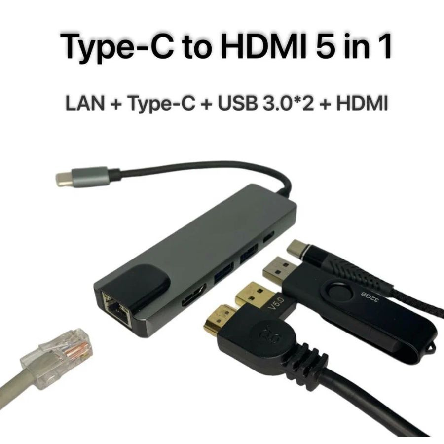 Хаб Macbook Type-C HUB 5 в 1, 1000Mb/s 2 ethernet RJ45 , 2 USB 3.0,HDMI ...