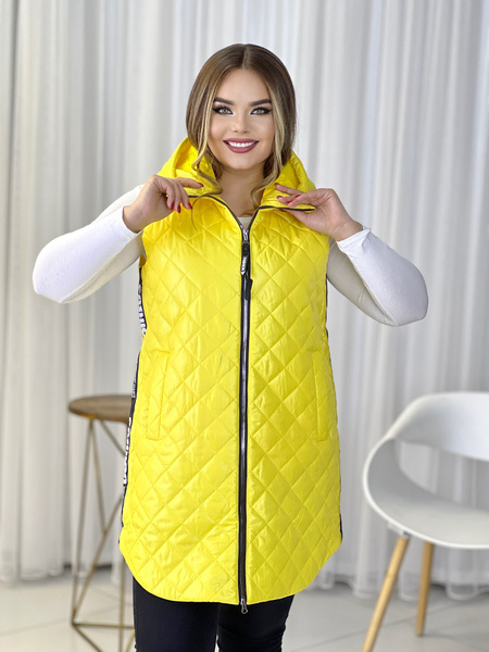 Жилет Женский Jyldyz желтый Плащевка, размер 60 Капюшон оверсайз Без рукавов Молния Однотонный ...