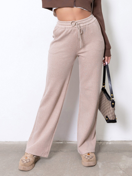 Брюки Женский Brostem бежевый Хлопок, Эластан Домашний, размер 50 Шнурок, Резинка свободный На ...