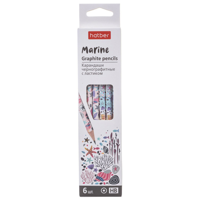 Набор чернографитных карандашей Hatber круглый корпус, 6 штук, с ластиком, заточенные, в ...