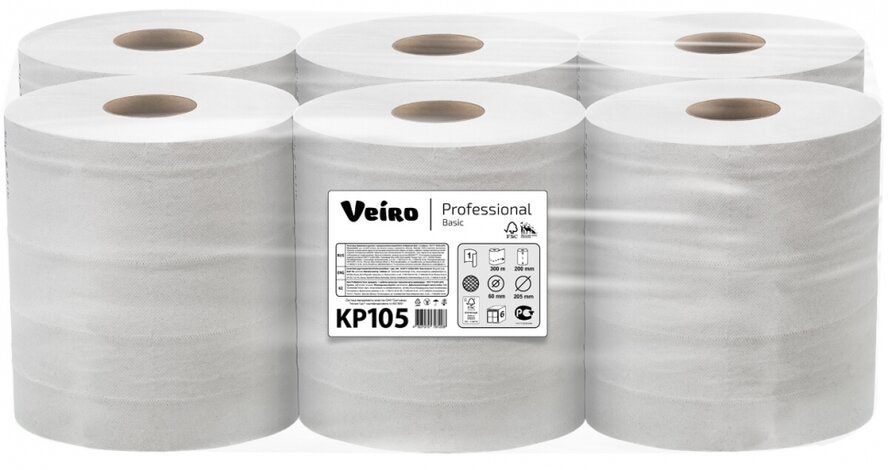 Бумажные полотенца в рулонах с центральной вытяжкой Veiro Professional Basic KP105, 6 рулонов по ...