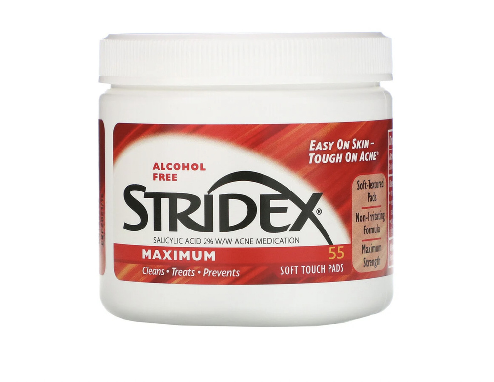 Stridex , Средство Очищающее Одношаговое от угрей, акне, прыщей на лице. 55 мягких косметических ...