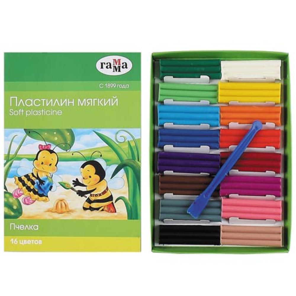 Пластилин 16 цветов, 240 гр, восковой, стек, картонная коробка Пчелка ...