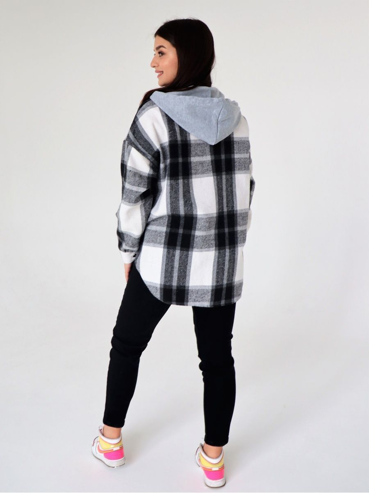 Рубашка Женский Lady Gina белый, черный Длинный Хлопок, Полиэстер Капюшон, Карманы Клетка ...