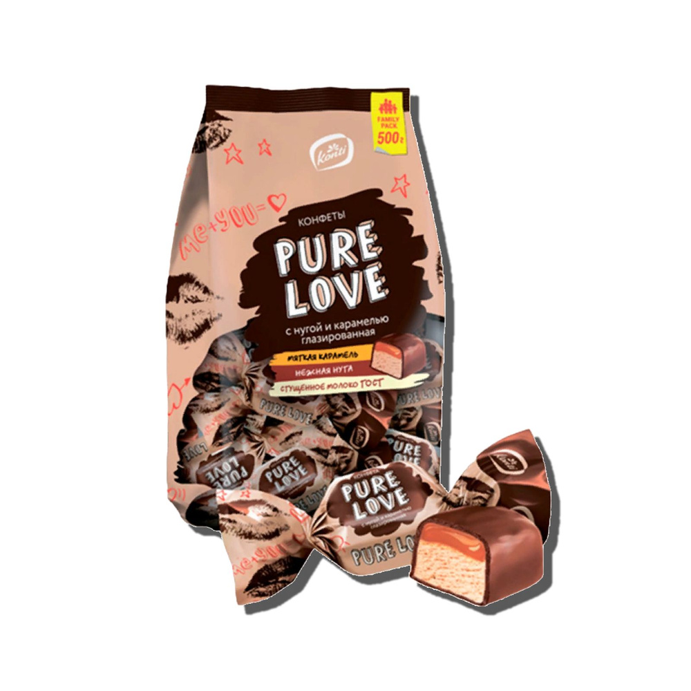 Конфеты с нугой и карамелью, глазированные, "PURE LOVE", 500 грамм ...