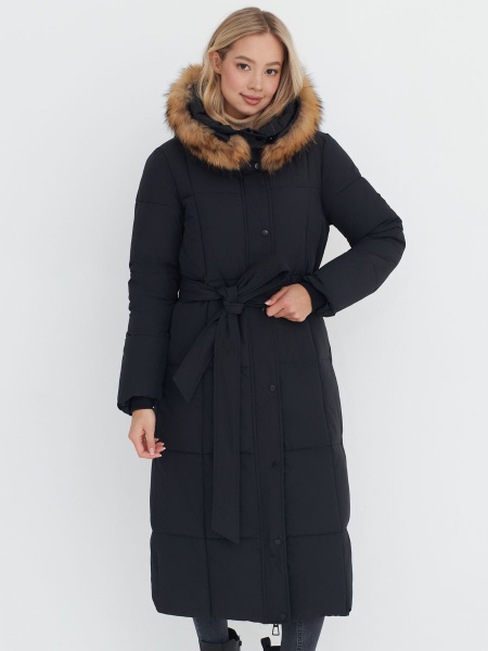 Пальто утепленное Женский MAXADORRE Капюшон, Карманы черный Полиэстер, размер 46 Длинный Зима ...