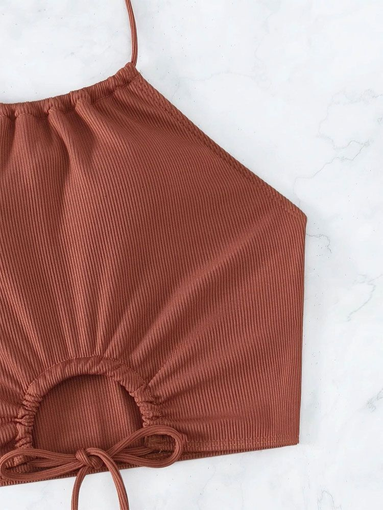 Купальник раздельный Женский SYJWY коричнево-красный Пляжный, размер 44 SUP-серфинг Высокая ...