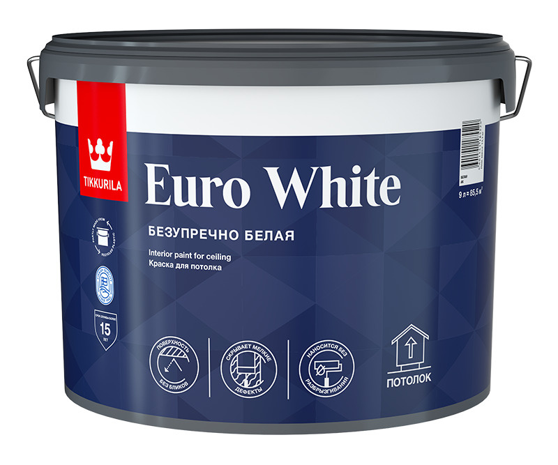 Краска Tikkurila Euro White Гладкая, Акрилатная, Глубокоматовое ...