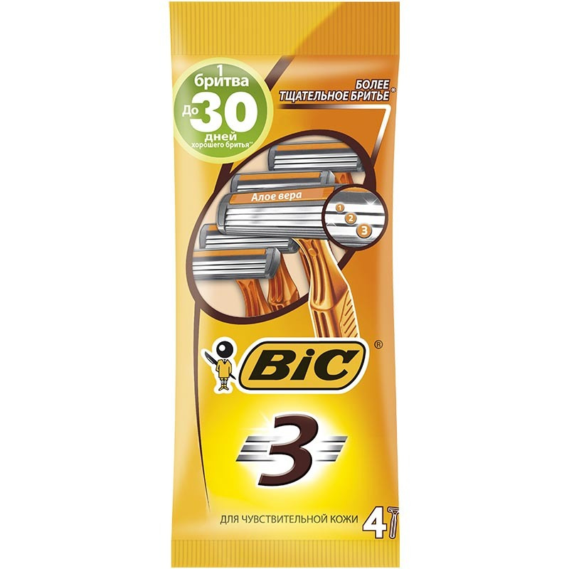 Одноразовый станок BIC 3 лезвия, 4 шт - купить с доставкой по выгодным ...