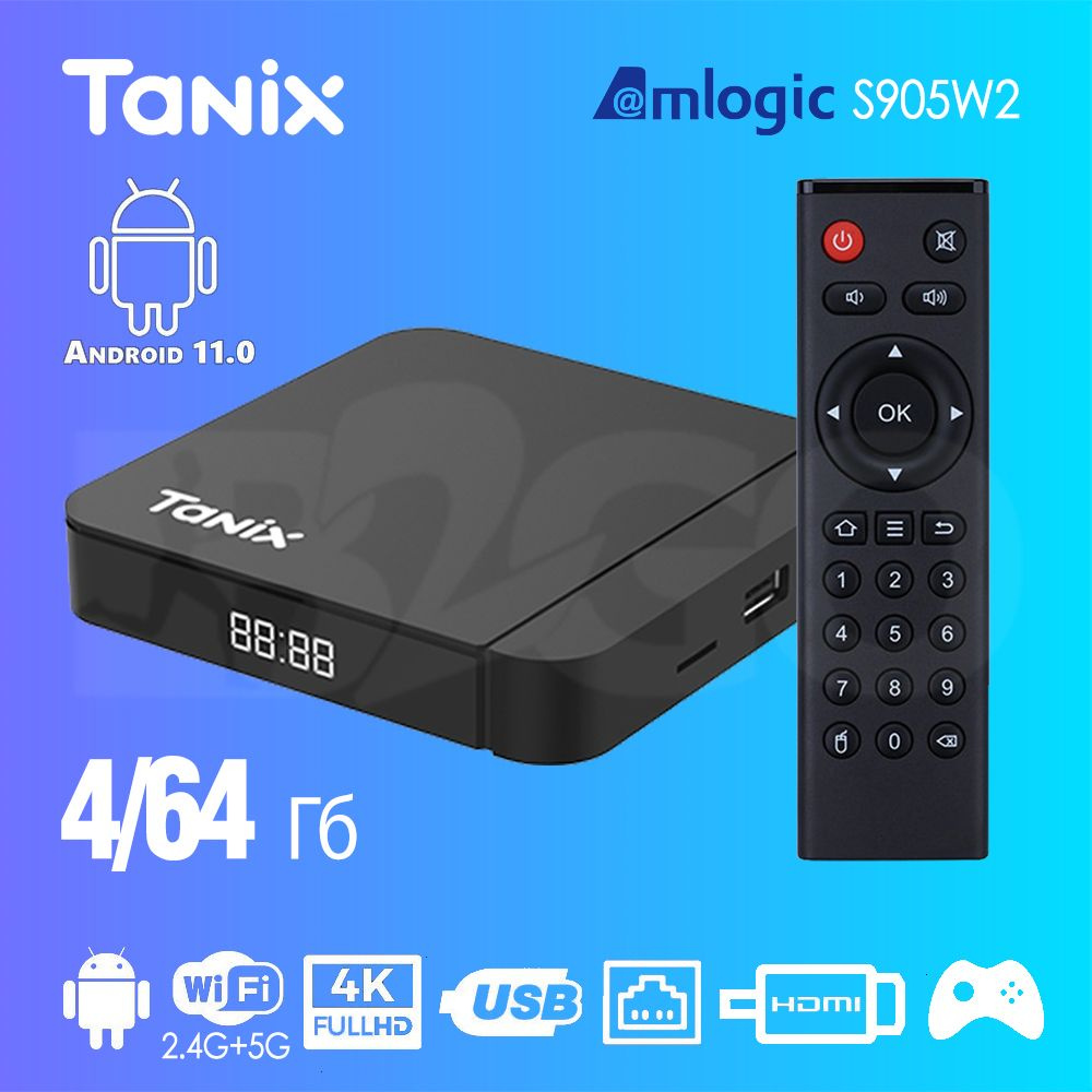 Медиаплеер Tanix W2, AV, USB, TF, RJ-45 Ethernet, HDMI, черный, Android ...