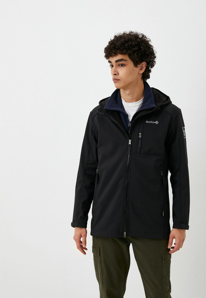 Куртка Мужской RedFox Капюшон, Карманы черный Softshell, размер 58, 60 Длинный Демисезон прямой ...