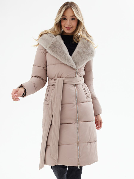 Пальто Женский MAXADORRE Капюшон, Карманы бежевый Полиэстер Длинный Синтепух, размер 46 Зима ...