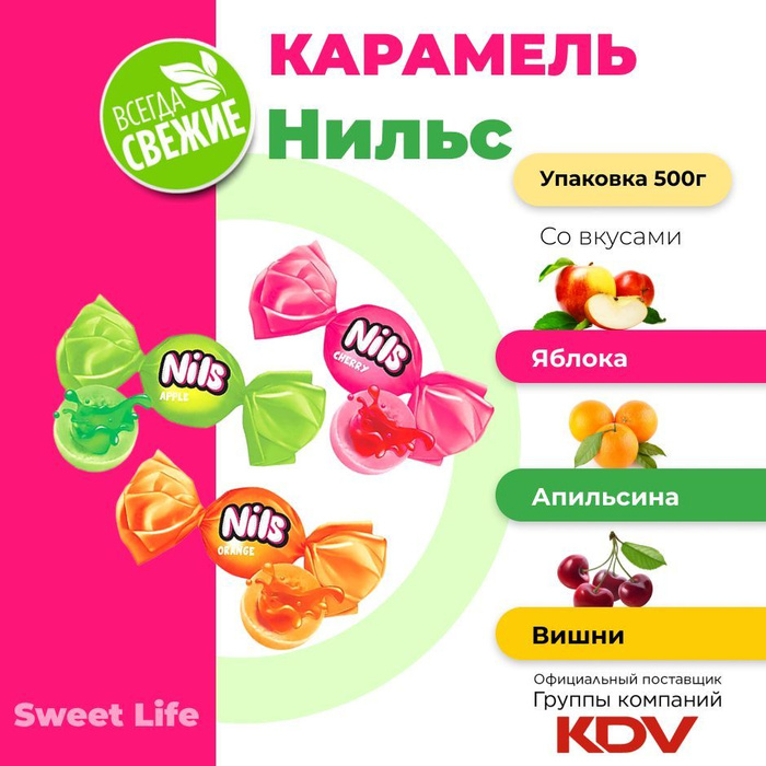 Конфеты жевательные "Нильс" фруктовое ассорти со вкусами вишни, яблока ...