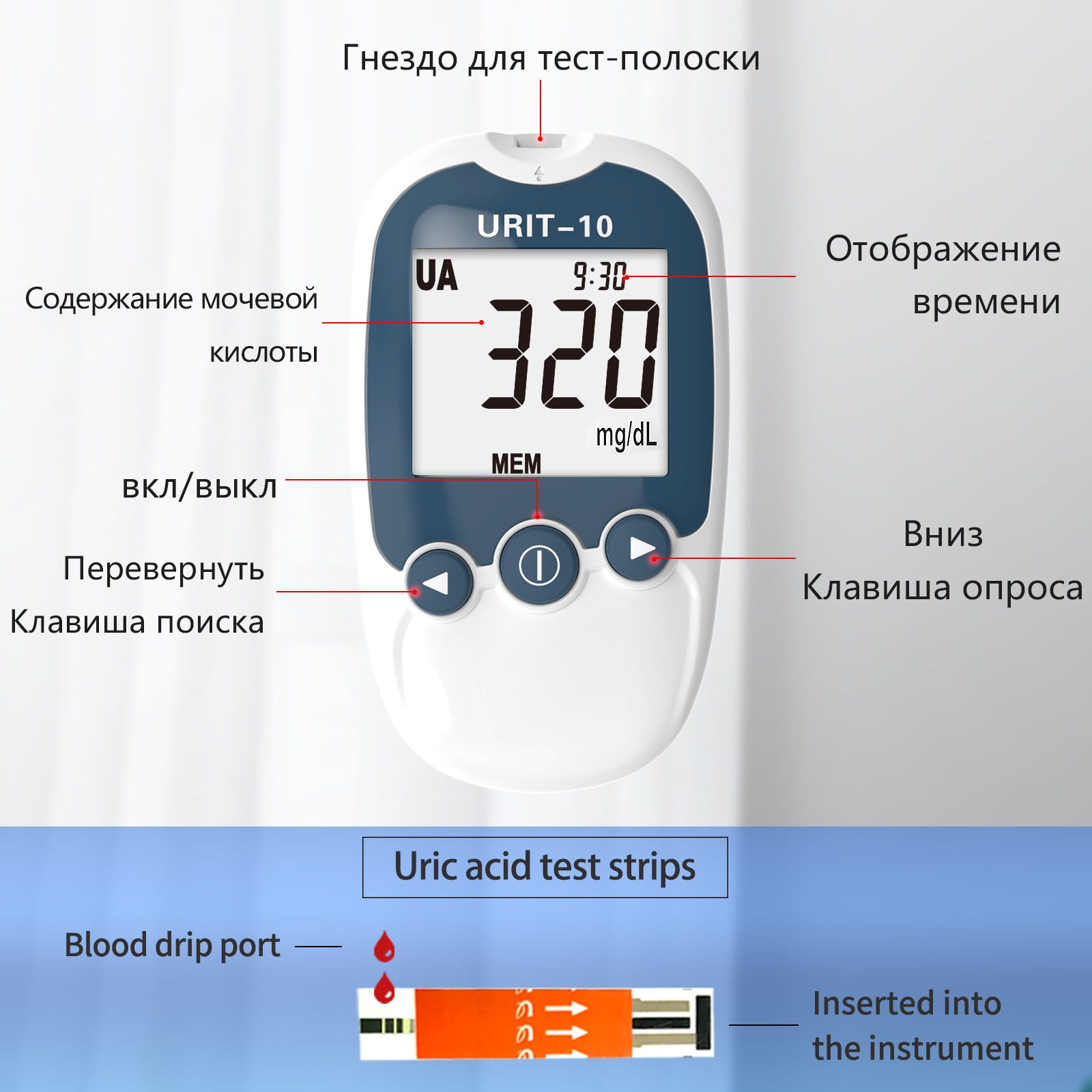 Набор для определения уровня глюкозы в крови и мочевой кислоты URIT-10 ...