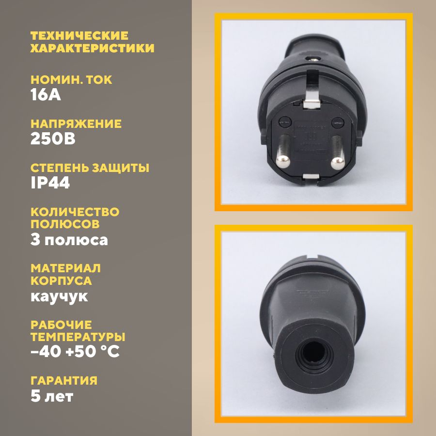 Вилка прямая электрическая 16А 250В IP44, сетевая разборная евровилка ...