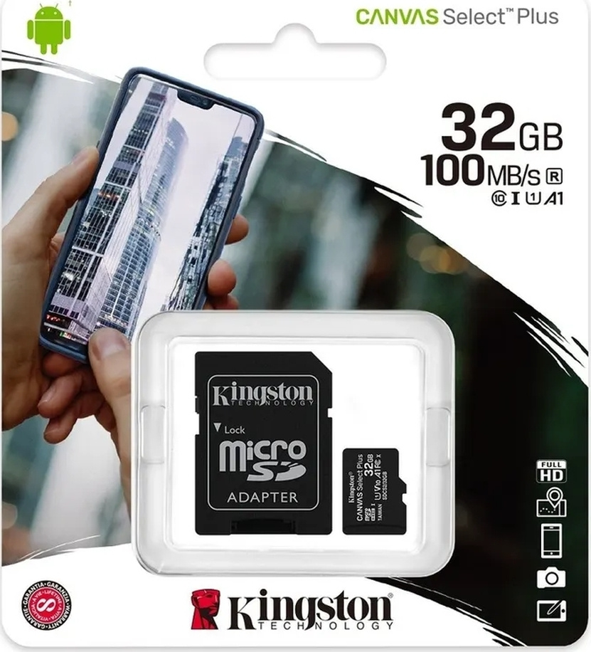 Kingston 32 ГБ Карта памяти microSDHC Canvas Select Plus (SDCS2/32GB), Class 10, запись - 85 ...