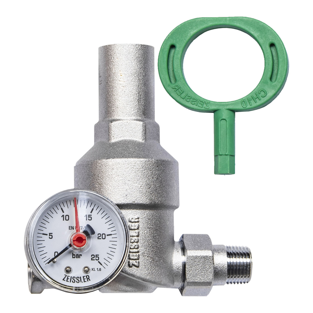 Редуктор давления 1/2" до 25 бар с американкой, манометром, фильтром и ключем, Zeissler, ZSr.701 ...