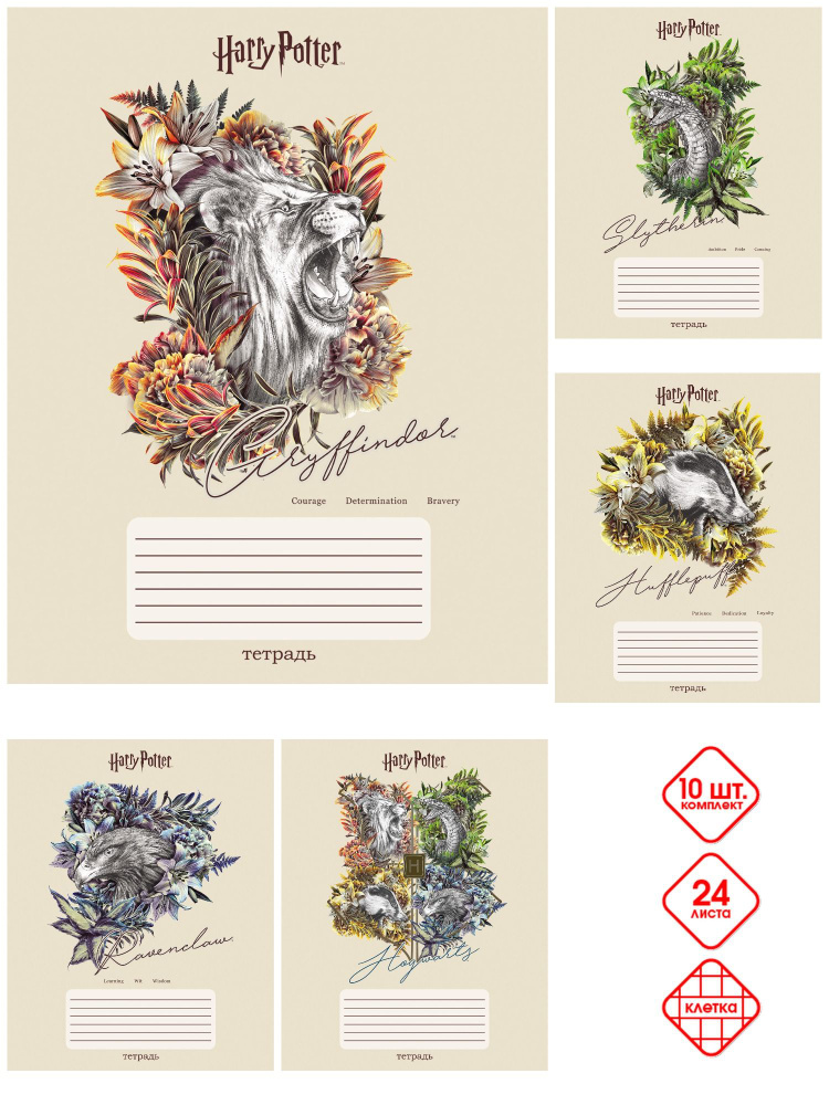 Набор тетрадей Hatber 24 листа, формата А5, в клетку, 65 г/кв. м, на скобе, 10 штук/5 дизайнов ...