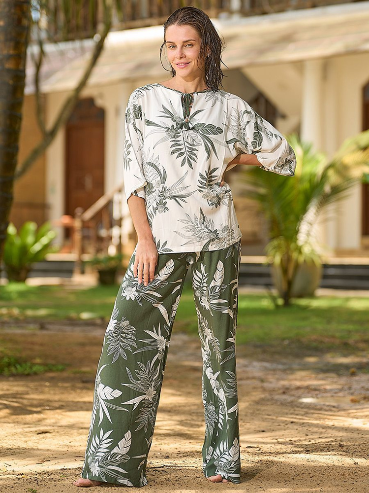 Пижама Женский Mia-Amore Вискоза, размер 44 Цветочный светло-зеленый Три четверти Китай Домашний ...