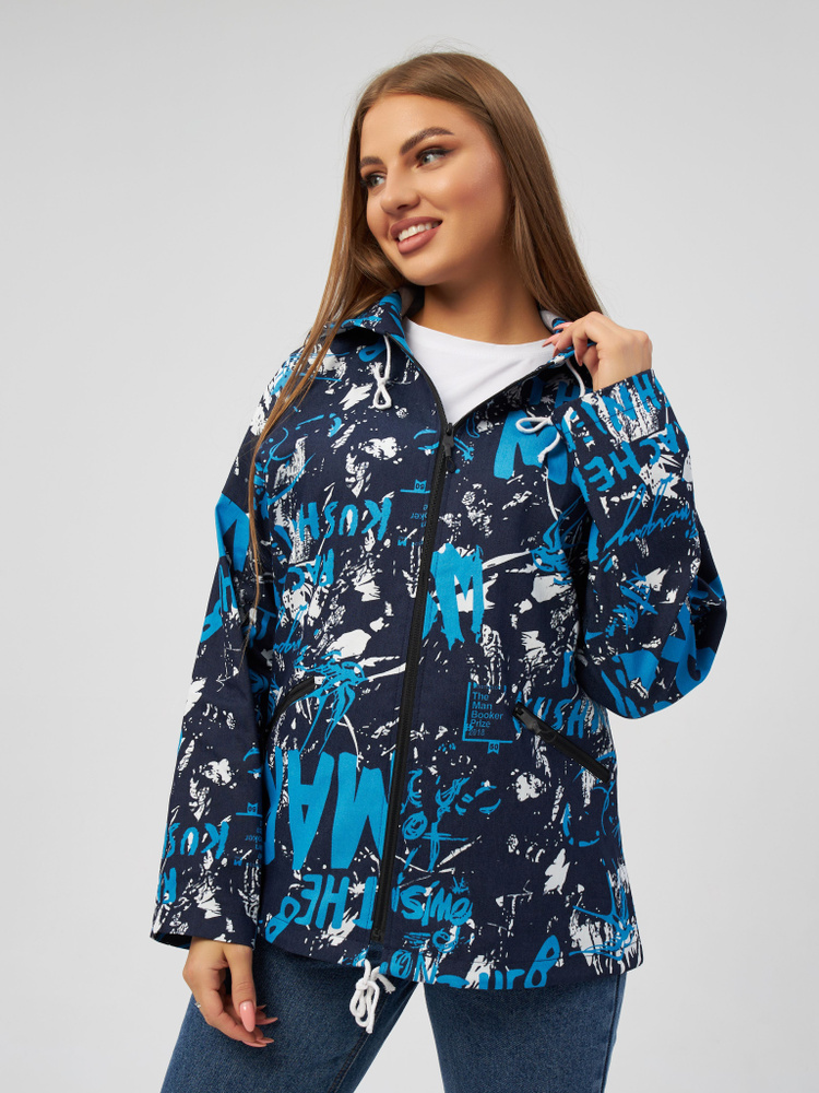 Ветровка Женский HELLO MODA! Капюшон, Карманы темно-синий, голубой Хлопок, Полиэстер, размер 46 ...